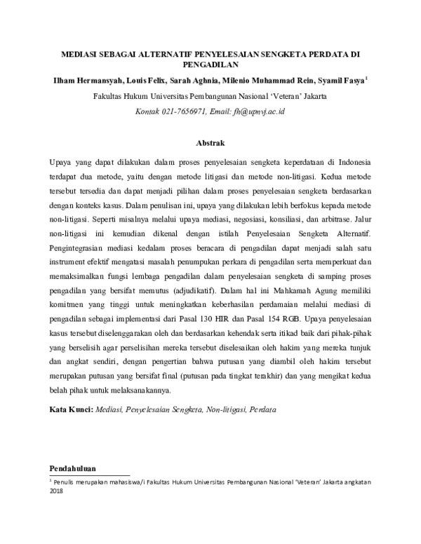 (DOC) MEDIASI SEBAGAI ALTERNATIF PENYELESAIAN SENGKETA PERDATA DI ...