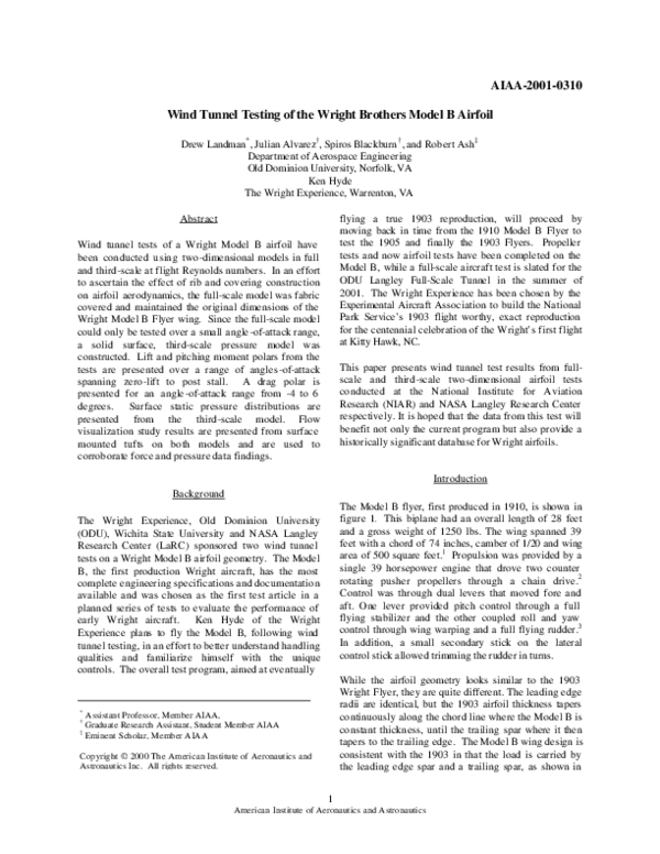 (PDF) AIAA-2001-0310 Wind Tunnel Testing of the Wright Brothers Model B ...
