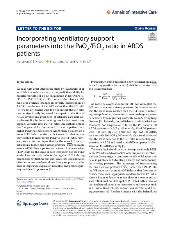 Pdf Incorporating Ventilatory Support Parameters Into The Pao2 Fio2
