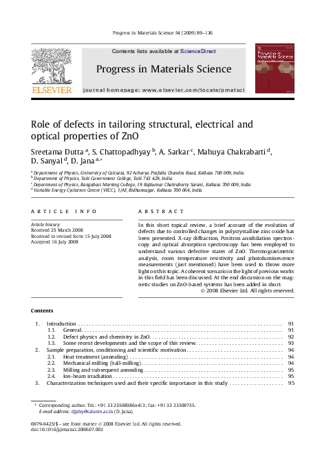 (PDF) Role of defects in tailoring structural, electrical and optical properties of ZnO