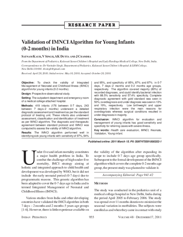 (PDF) Validation of IMNCI algorithm for young infants (0–2 months) in ...