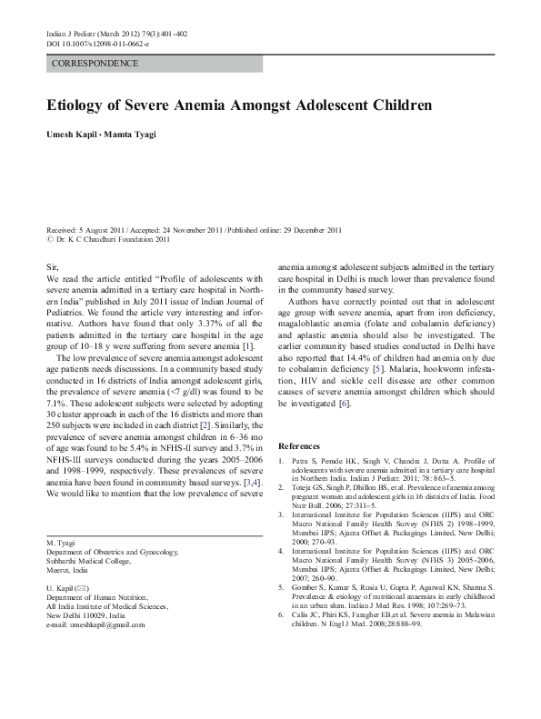 (PDF) Etiology of Severe Anemia Amongst Adolescent Children