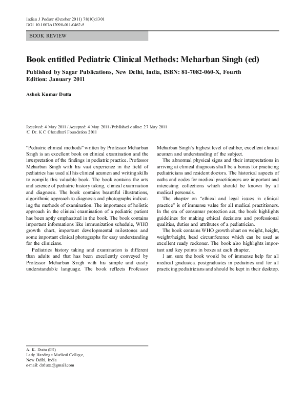 (PDF) Book entitled Pediatric Clinical Methods: Meharban Singh (ed)
