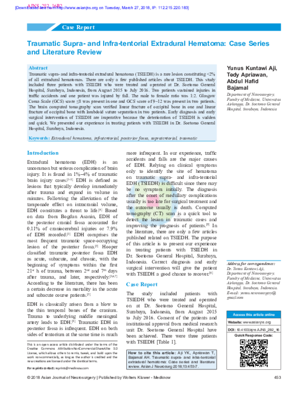(PDF) Traumatic supra-and infra-tentorial extradural hematoma: Case ...