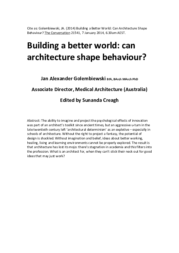 (PDF) Building a better world: Can architecture shape behaviour?