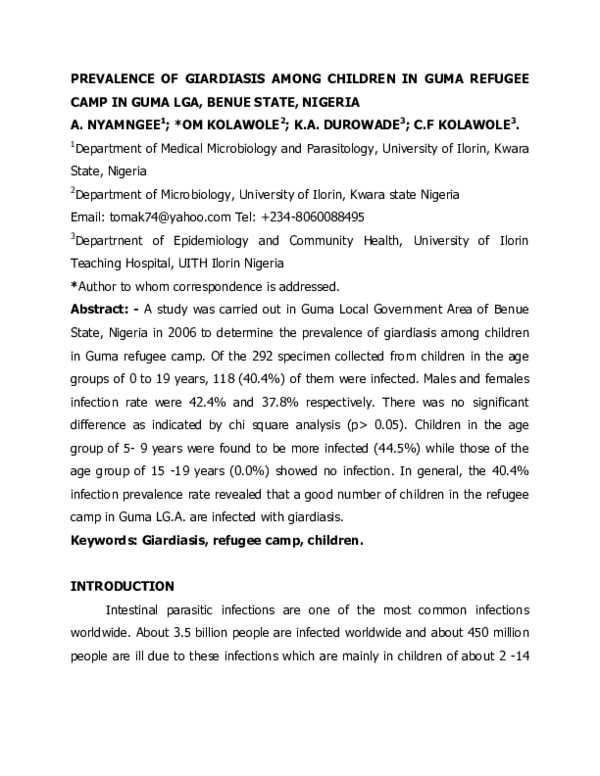 (PDF) Prevalence of Giardiasis Among Children in Guma Refugee Camp in ...