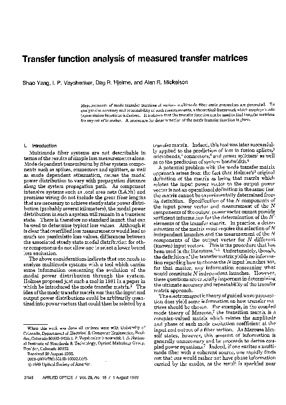 (PDF) Transfer function analysis of measured transfer matrices | Dag Hjelme - Academia.edu