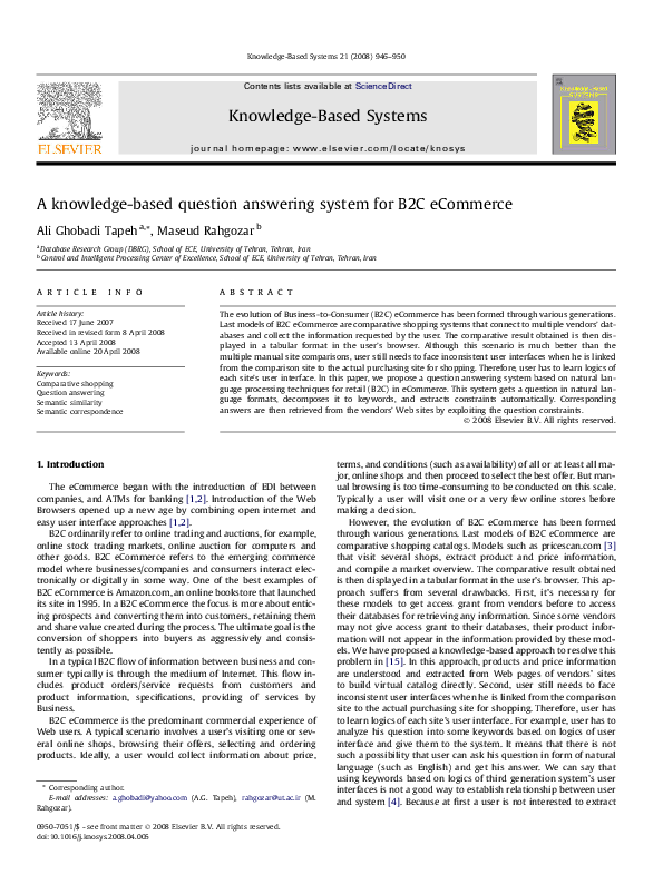 (PDF) A knowledge-based question answering system for B2C eCommerce