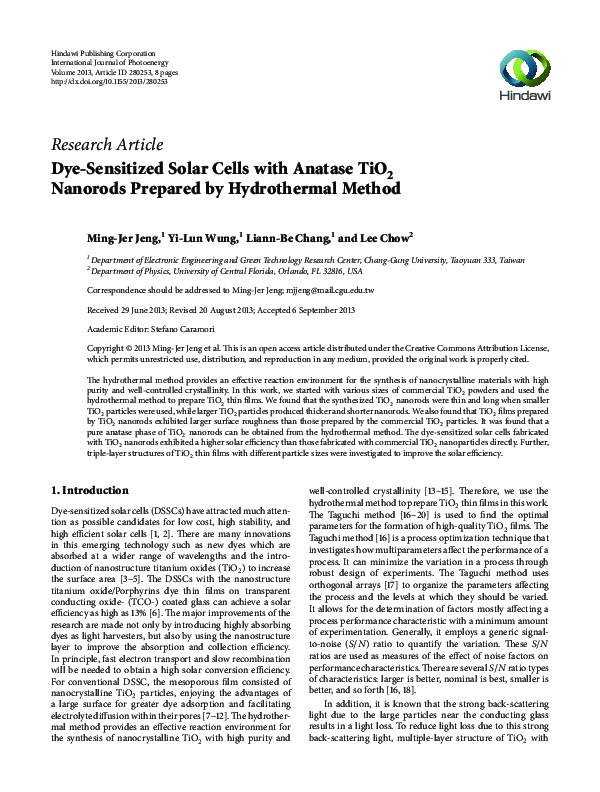 (PDF) Dye-Sensitized Solar Cells with Anatase TiO2 Nanorods Prepared by Hydrothermal Method ...