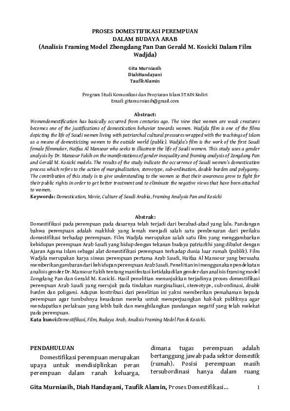 (PDF) PROSES DOMESTIFIKASI PEREMPUAN DALAM BUDAYA ARAB (Analisis Framing Model Zhongdang Pan Dan ...