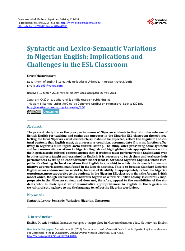 (PDF) Syntactic and Lexico-Semantic Variations in Nigerian English: Implications and Chal-lenges ...