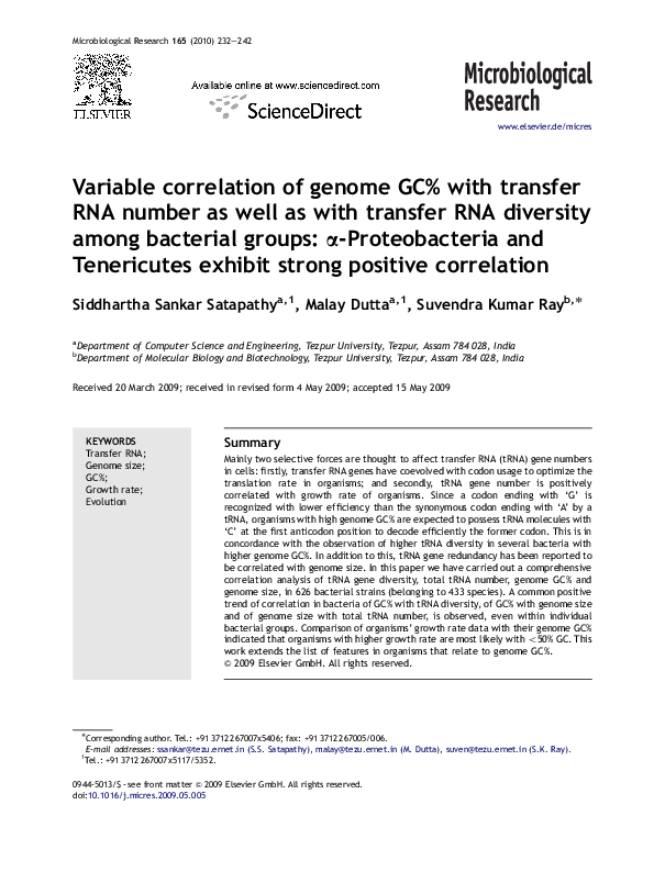 (PDF) Variable correlation of genome GC% with transfer RNA number as well as with transfer RNA ...
