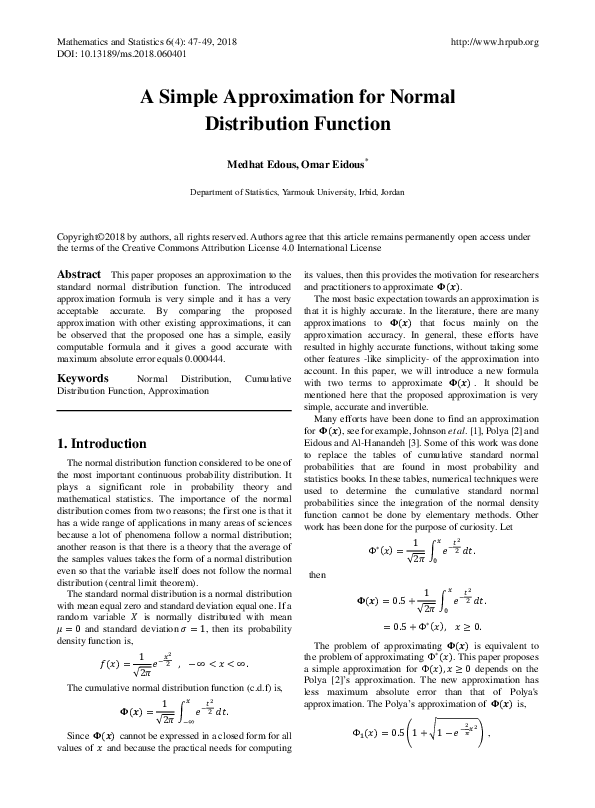 (PDF) A Simple Approximation for Normal Distribution Function