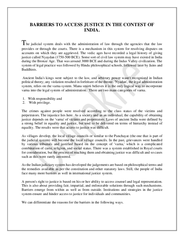 (PDF) BARRIERS TO ACCESS JUSTICE IN THE CONTEST OF INDIA