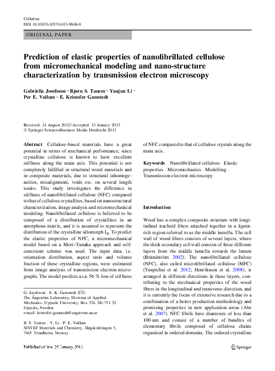 (PDF) Prediction of elastic properties of nanofibrillated cellulose from micromechanical ...