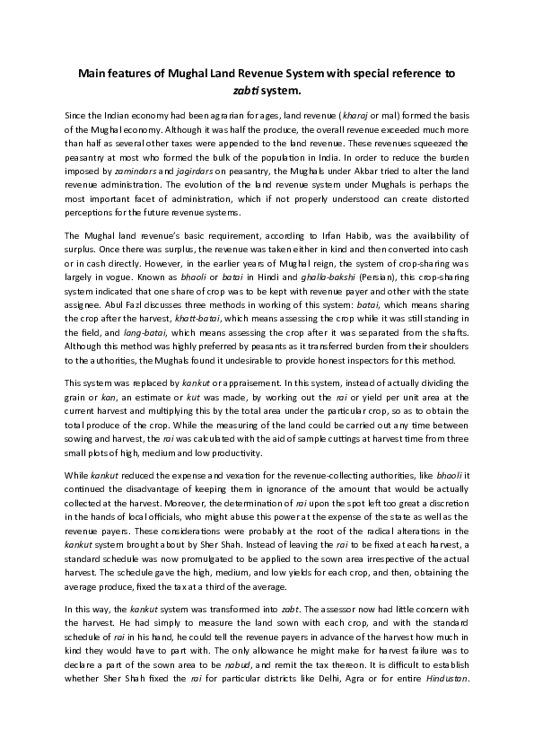 (DOC) Mughal Land Revenue System with Special Reference to Zabti System