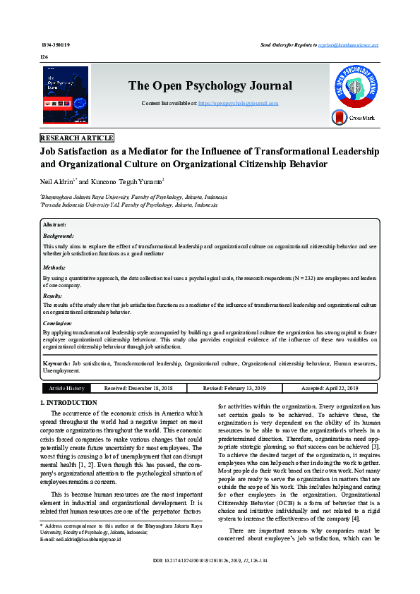 (PDF) Job Satisfaction as a Mediator for the Influence of Transformational Leadership and ...