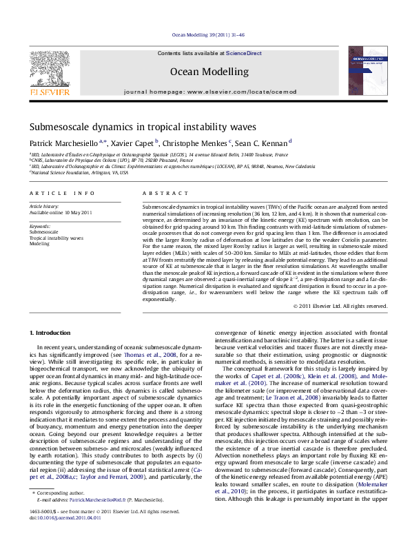 (PDF) Submesoscale dynamics in tropical instability waves