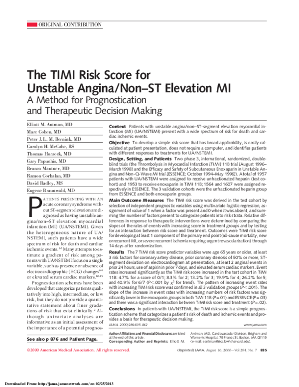 (PDF) The TIMI risk score for unstable angina/non-ST elevation MI: a ...