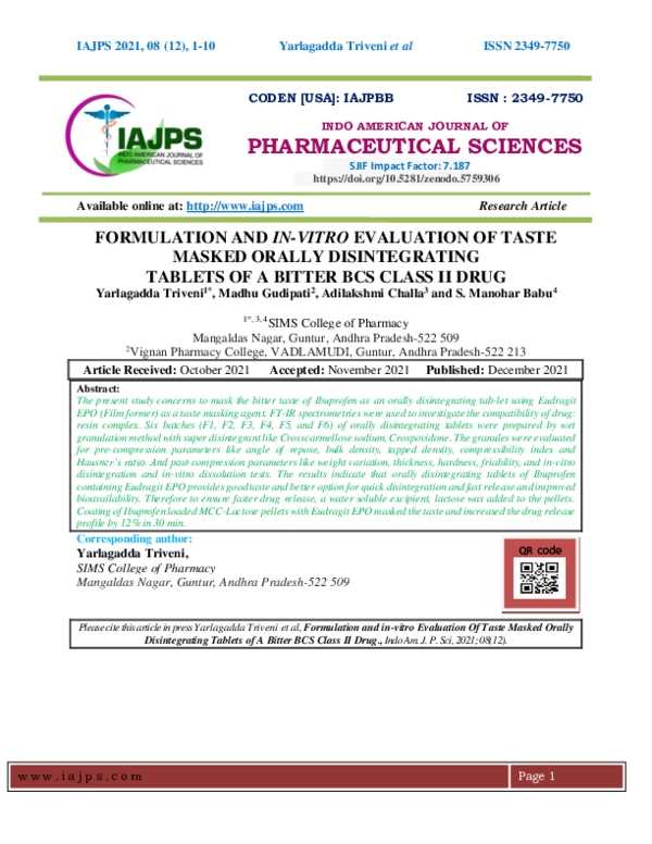 Pdf Formulation And In Vitro Evaluation Of Taste Masked Orally Disintegrating Tablets Of A