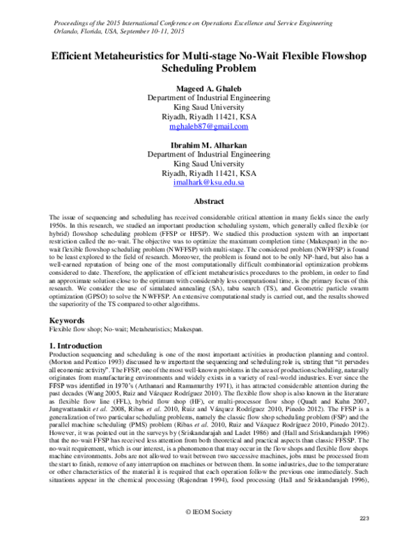 (PDF) Efficient Metaheuristics for Multi-stage No-Wait Flexible Flowshop Scheduling Problem