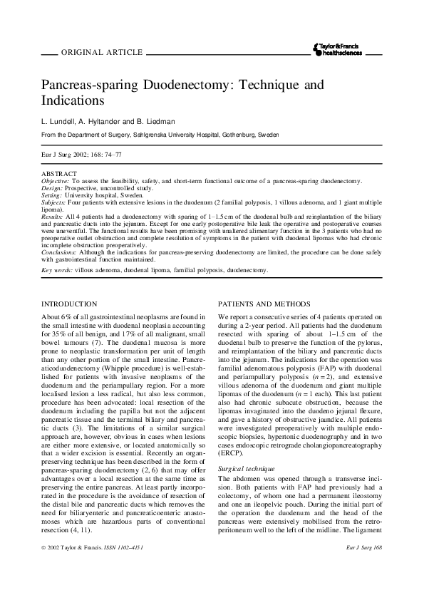 (PDF) Pancreas-sparing Duodenectomy: Technique and Indications