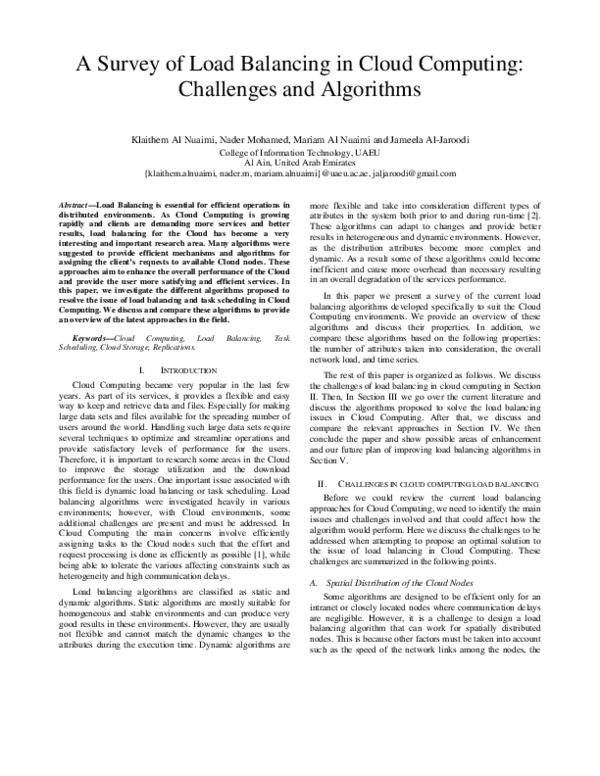 (PDF) A survey of load balancing in cloud computing: Challenges and algorithms | Klaithem Al ...