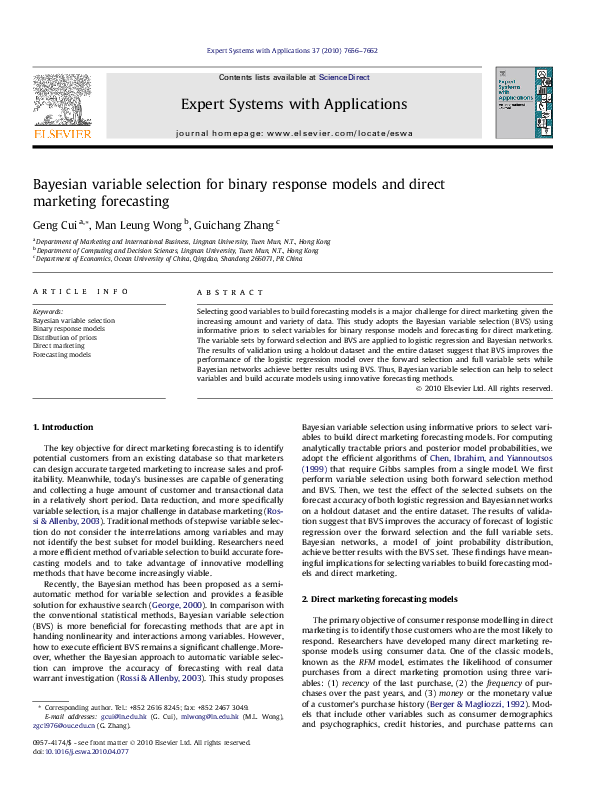 Pdf Bayesian Variable Selection For Binary Response Models And Direct 6065