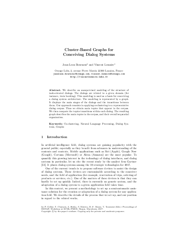 (PDF) Cluster-Based Graphs for Conceiving Dialog Systems | Vincent Lemaire - Academia.edu
