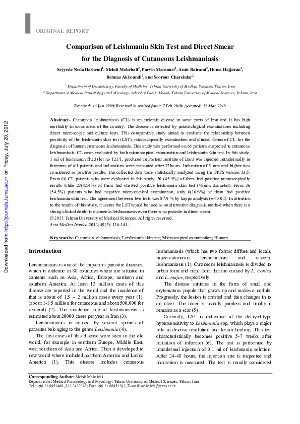 (PDF) Comparison of leishmanin skin test and direct smear for the ...