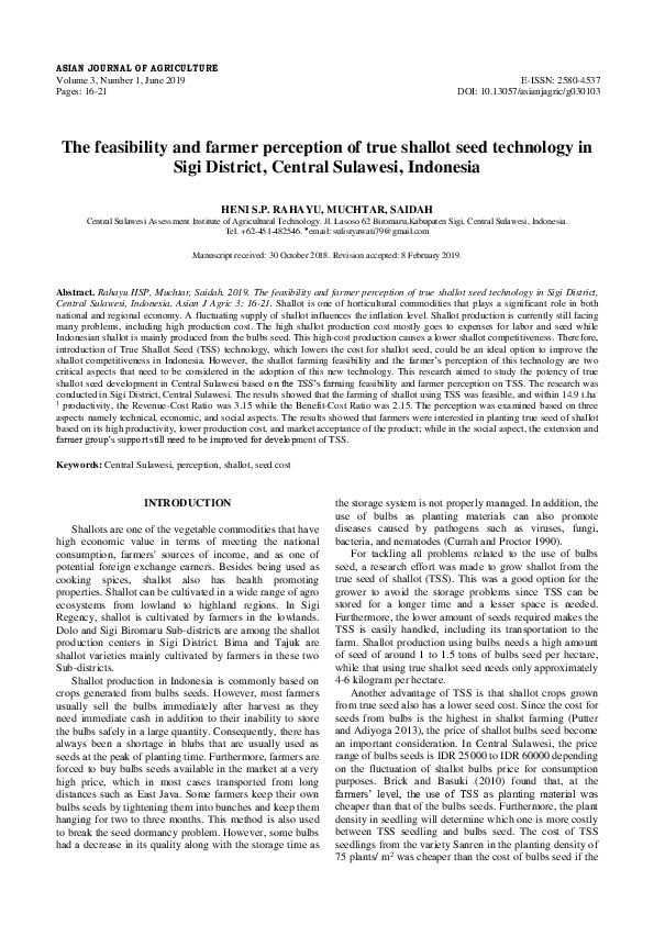 (PDF) The feasibility and farmer perception of true shallot seed technology in Sigi District ...
