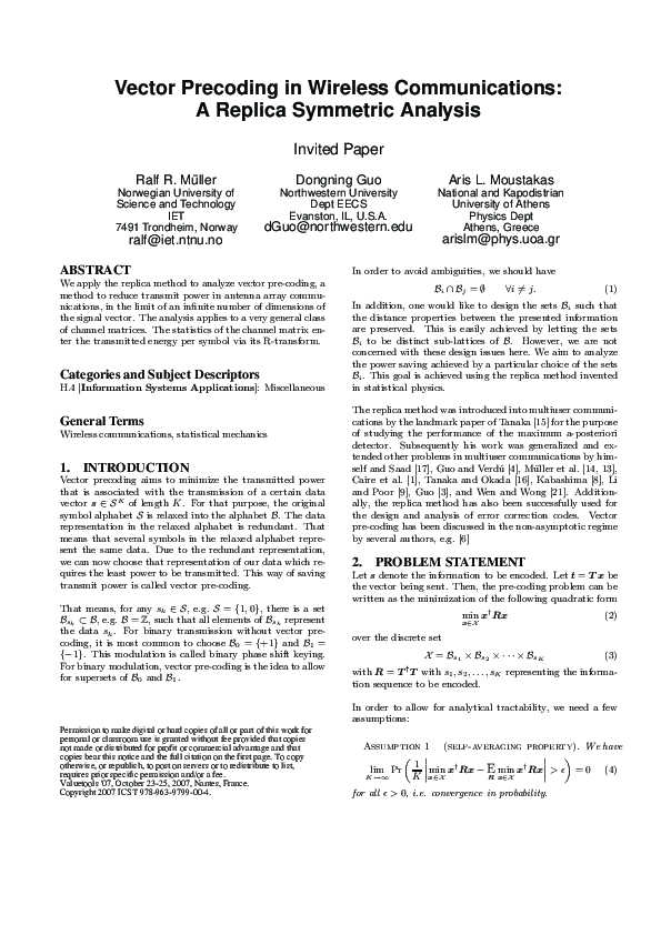(PDF) Vector precoding in wireless communications: a replica symmetric ...