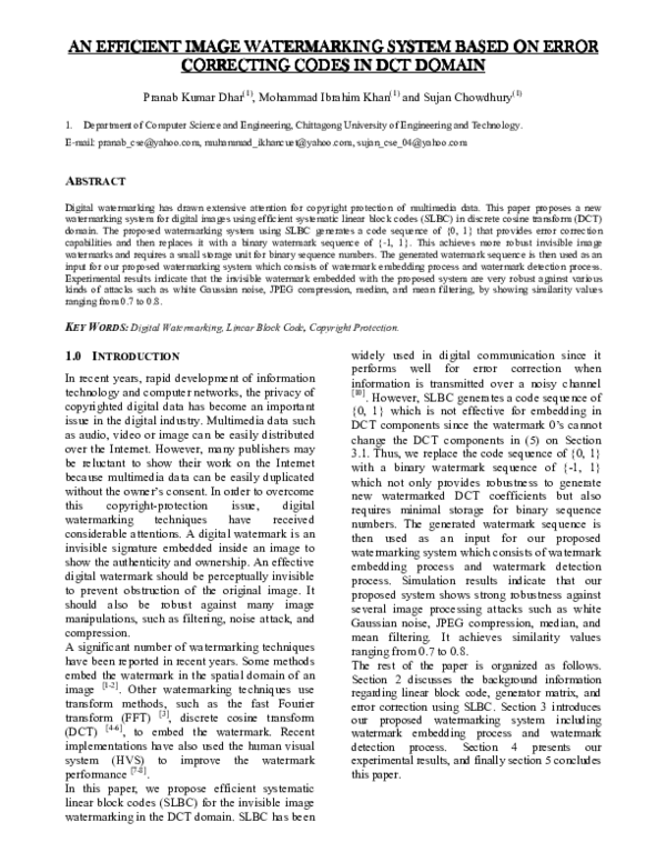 (PDF) An Efficient Image Watermarking System Based on Error Correcting Codes in DCT Domain ...