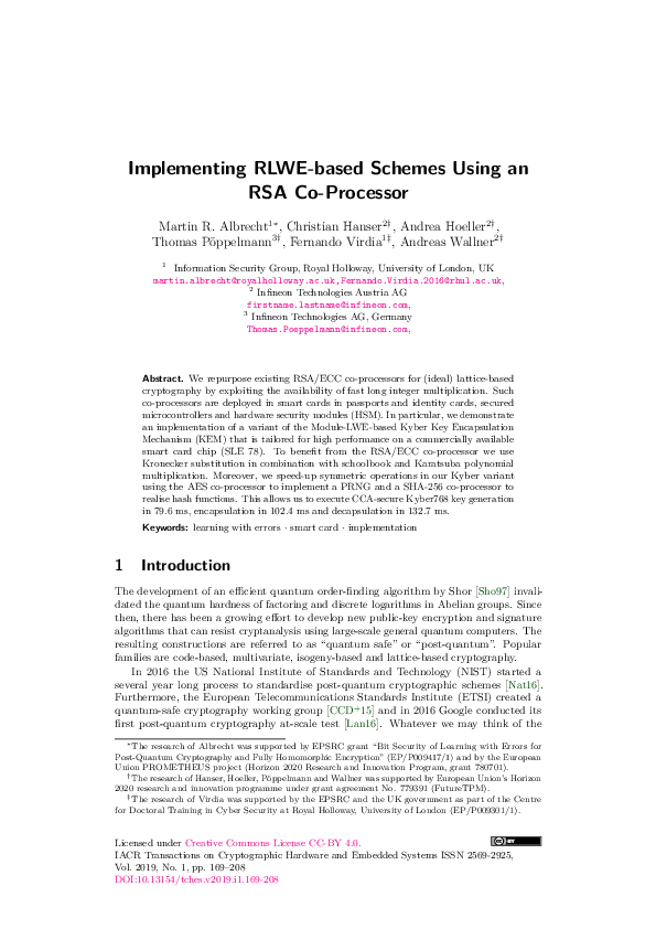 Pdf Optimizing Rlwe Schemes With Rsa Co Processor Integration