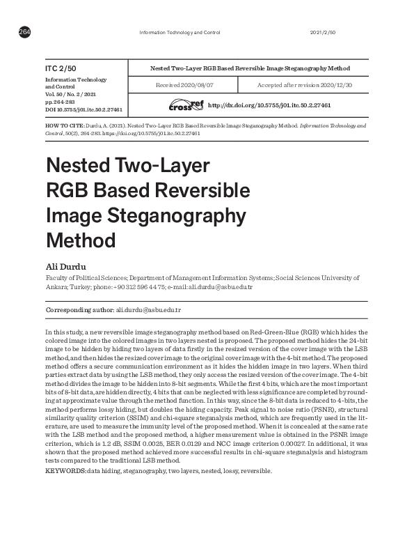 (PDF) Nested Two-Layer RGB Based Reversible Image Steganography Method