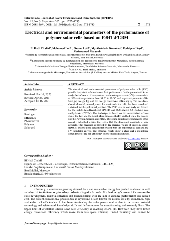 (PDF) Electrical and environmental parameters of the performance of polymer solar cells based on ...