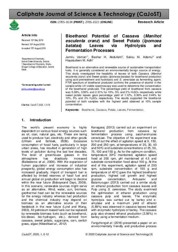 (PDF) Bioethanol Potential of Cassava (Manihot esculenta cranz) and Sweet Potato (Ipomoea ...
