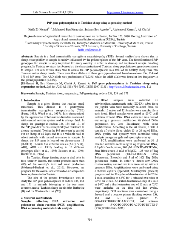 (PDF) PrP gene polymorphism in Tunisian sheep using sequencing method