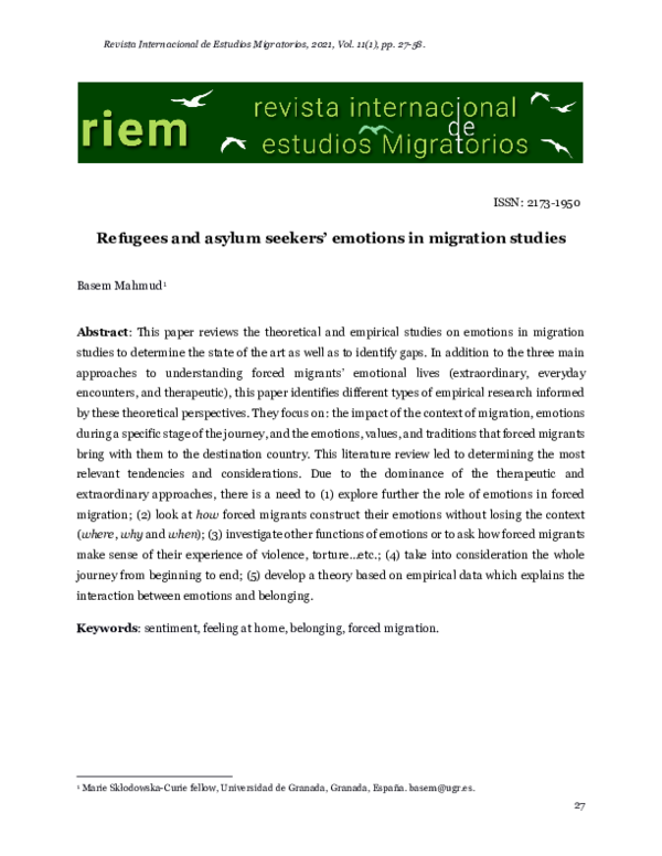 (PDF) Refugees and asylum seekers' emotions in migration studies