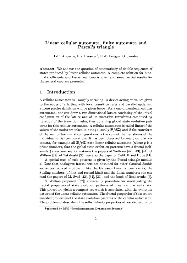 (PDF) Linear cellular automata, finite automata and Pascal's triangle