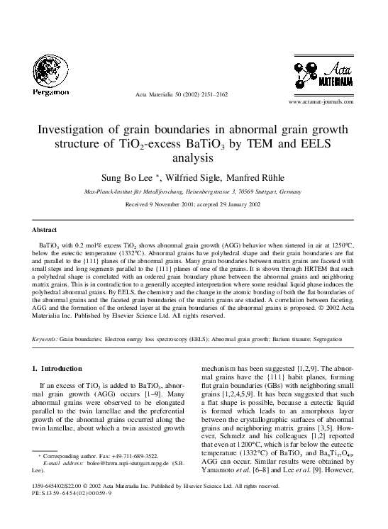 Pdf Investigation Of Grain Boundaries In Abnormal Grain Growth Structure Of Tio2 Excess Batio3
