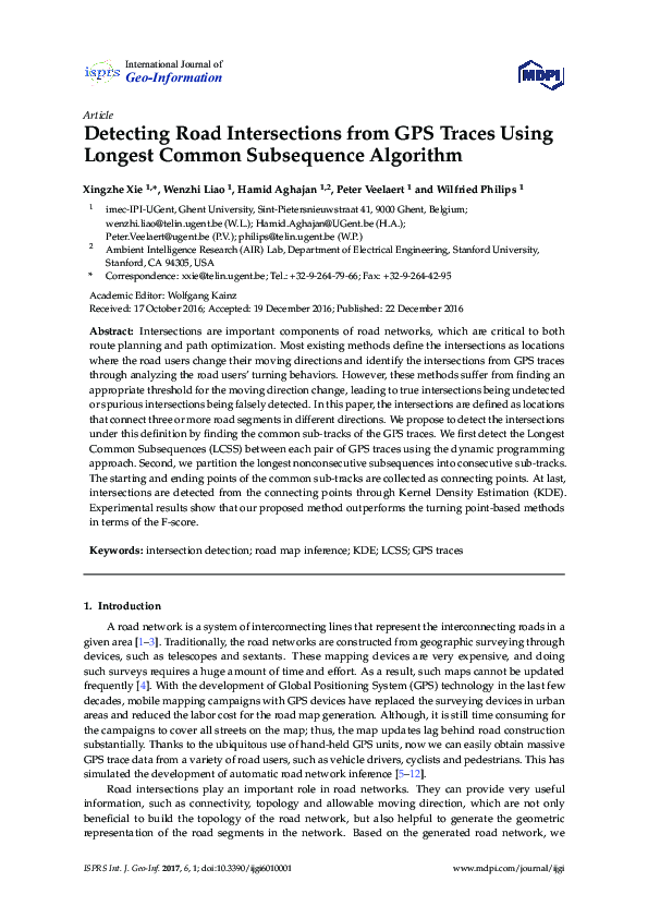 Pdf Detecting Road Intersections From Gps Traces Using Longest Common Subsequence Algorithm