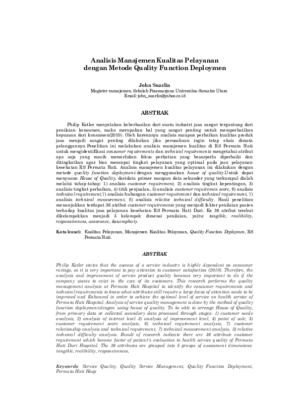 (PDF) Analisis Manajemen Kualitas Pelayanan dengan Metode Quality Function Deployment