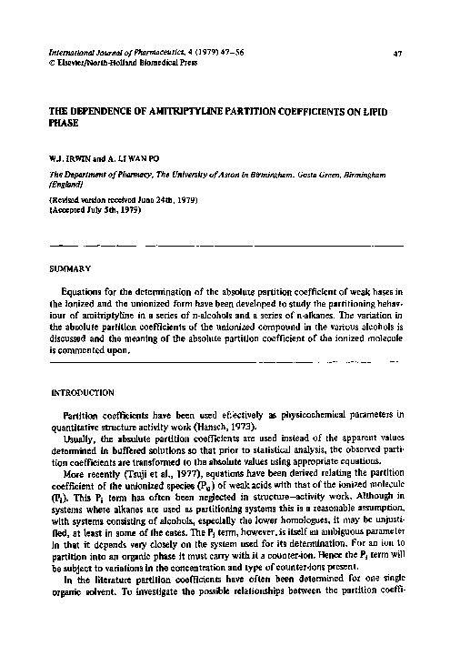 (PDF) The dependence of amitriptyline partition coefficients on lipid ...