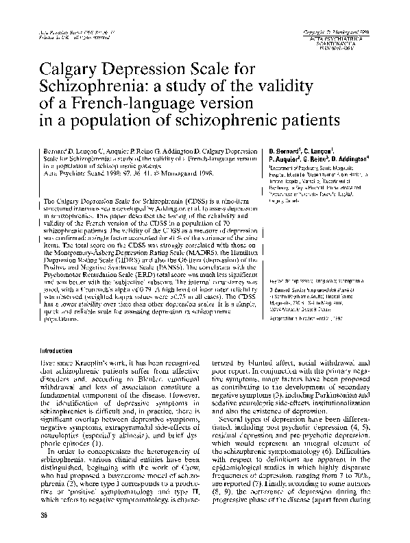 (PDF) Calgary Depression Scale for Schizophrenia: a study of the ...