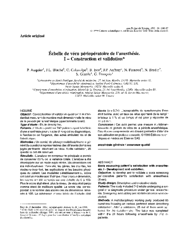 (PDF) Échelle de vécu périopératoire de l'anesthésie. I — Construction ...