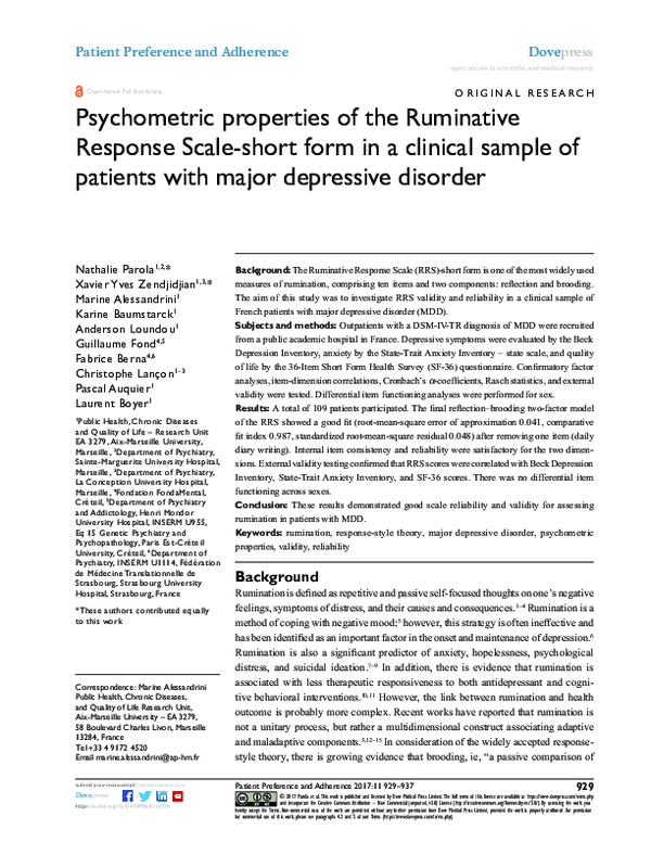 (PDF) Psychometric properties of the Ruminative Response Scale-short ...