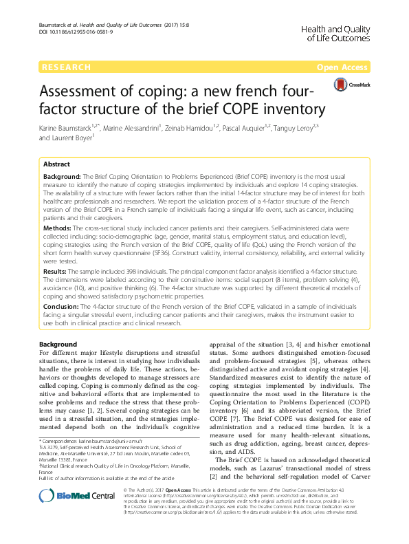 (PDF) Assessment of coping: a new french four-factor structure of the ...