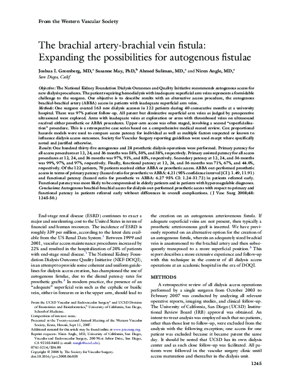 The brachial artery-brachial vein fistula: Expanding the possibilities ...