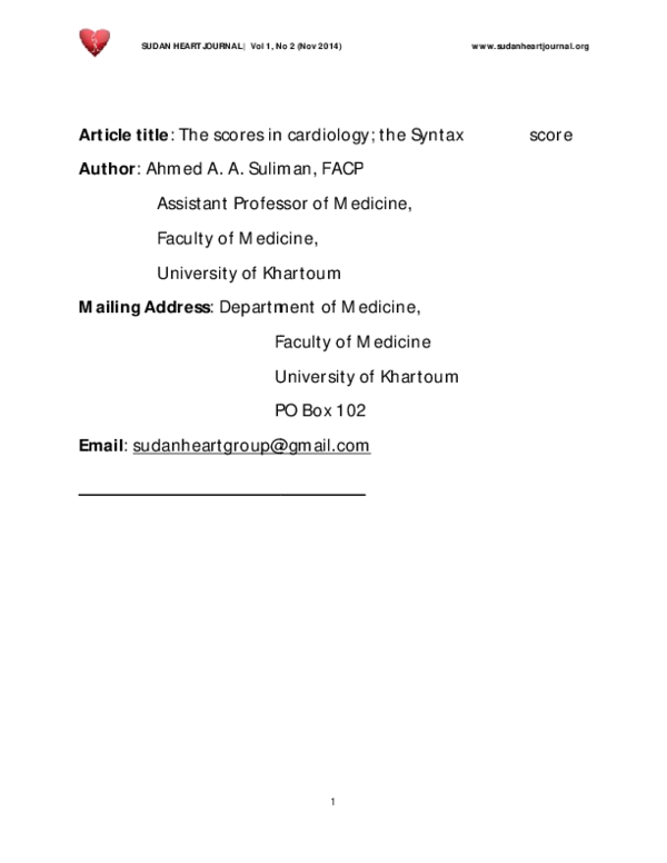 (PDF) The scores in cardiology; the Syntax score